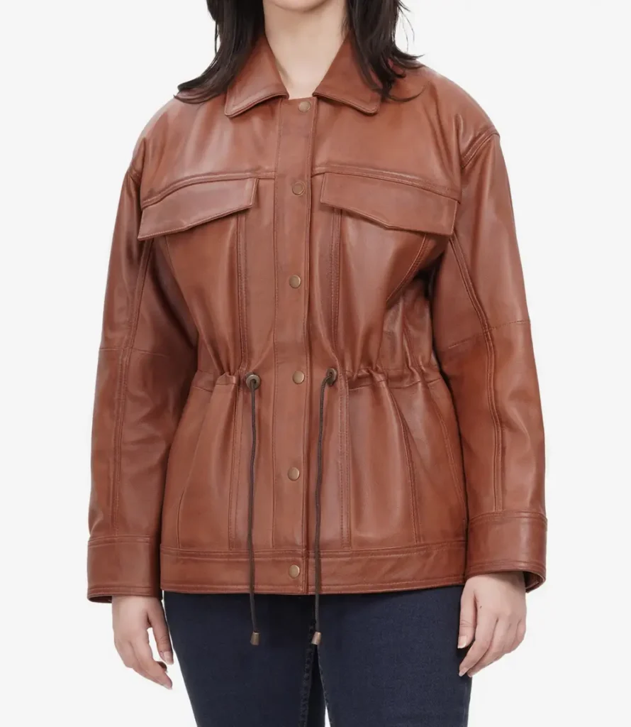 Womens Cognac Oversized Leather Trucker Jacket - PL AU